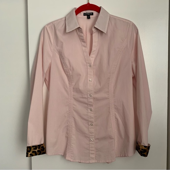 Express | Tops | Express Fitted Pink Striped Shirt Leopard Print Cuff ...